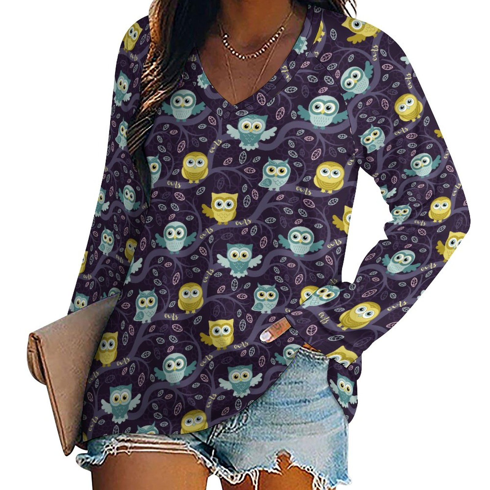 Cartoon Owl Pattern T Shirts for Women Long Sleeve Shirts V Neck ...
