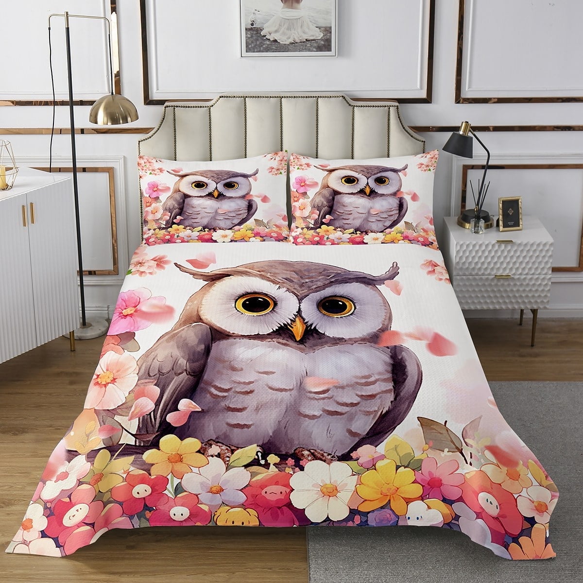 Cartoon Owl Quilt Set Flying Bird Animal Print Coverlet Set Watercolor ...