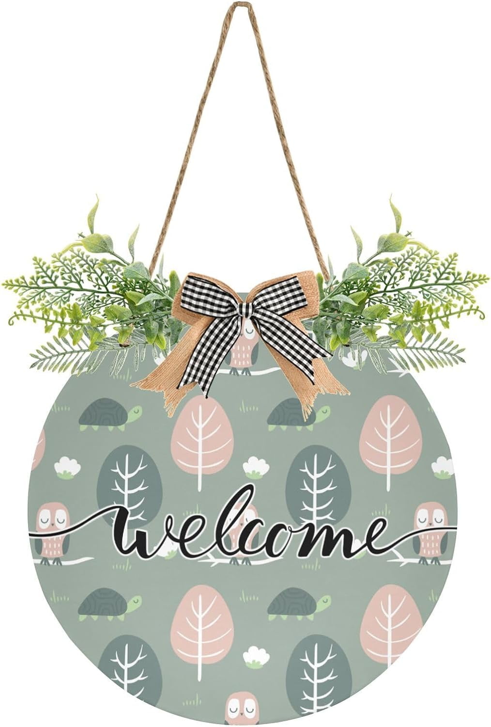 Cartoon Owl Turtle Welcome Sign Farmhouse Front Porch Door Hanging ...