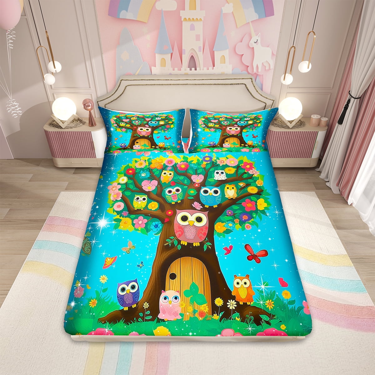 Cartoon Owl Twin Sheets for Kids Toddler Kawaii Butterfly Bed Set for ...
