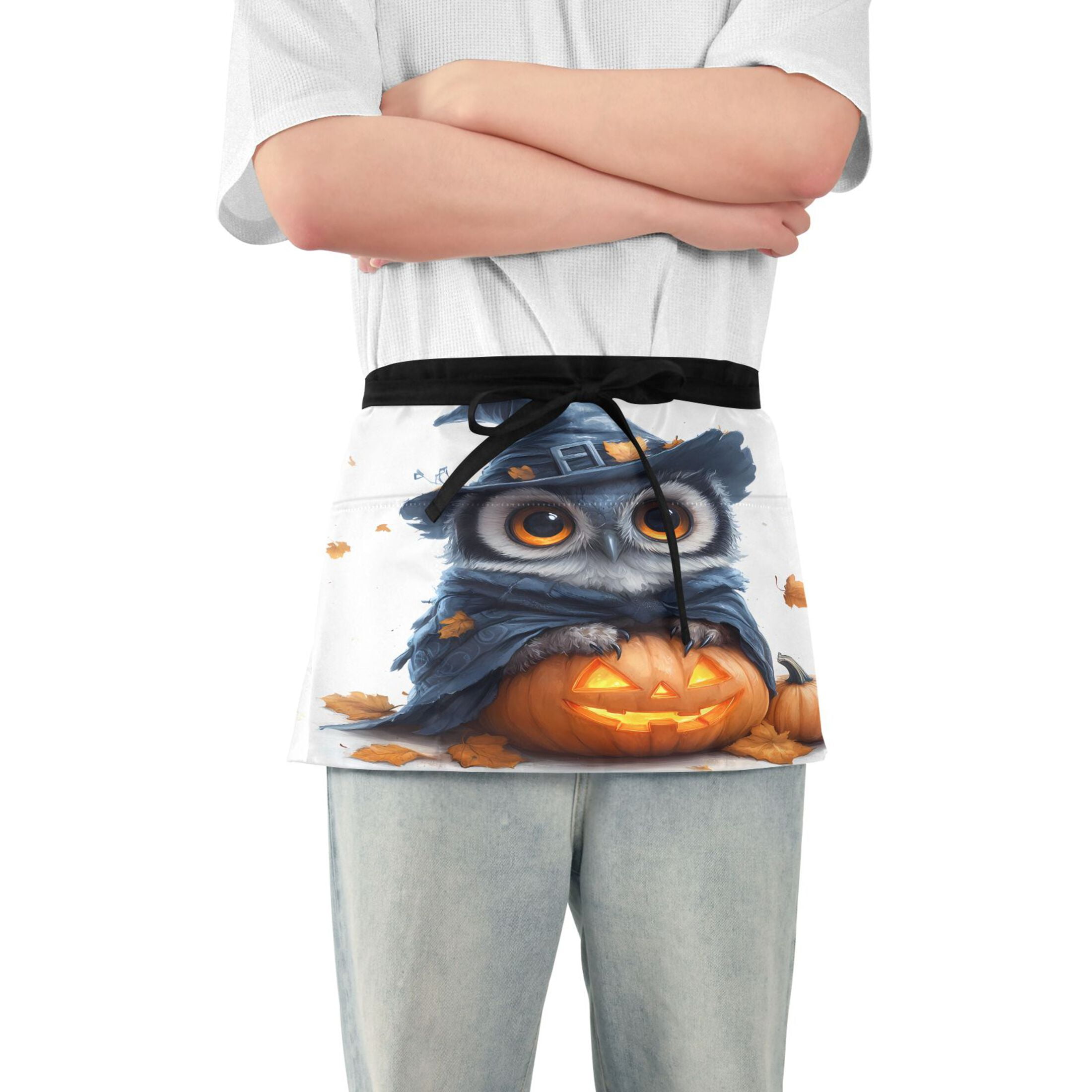 Cartoon Owl Witch and Pumpkins Server Apron with 3 Pockets Waterproof ...