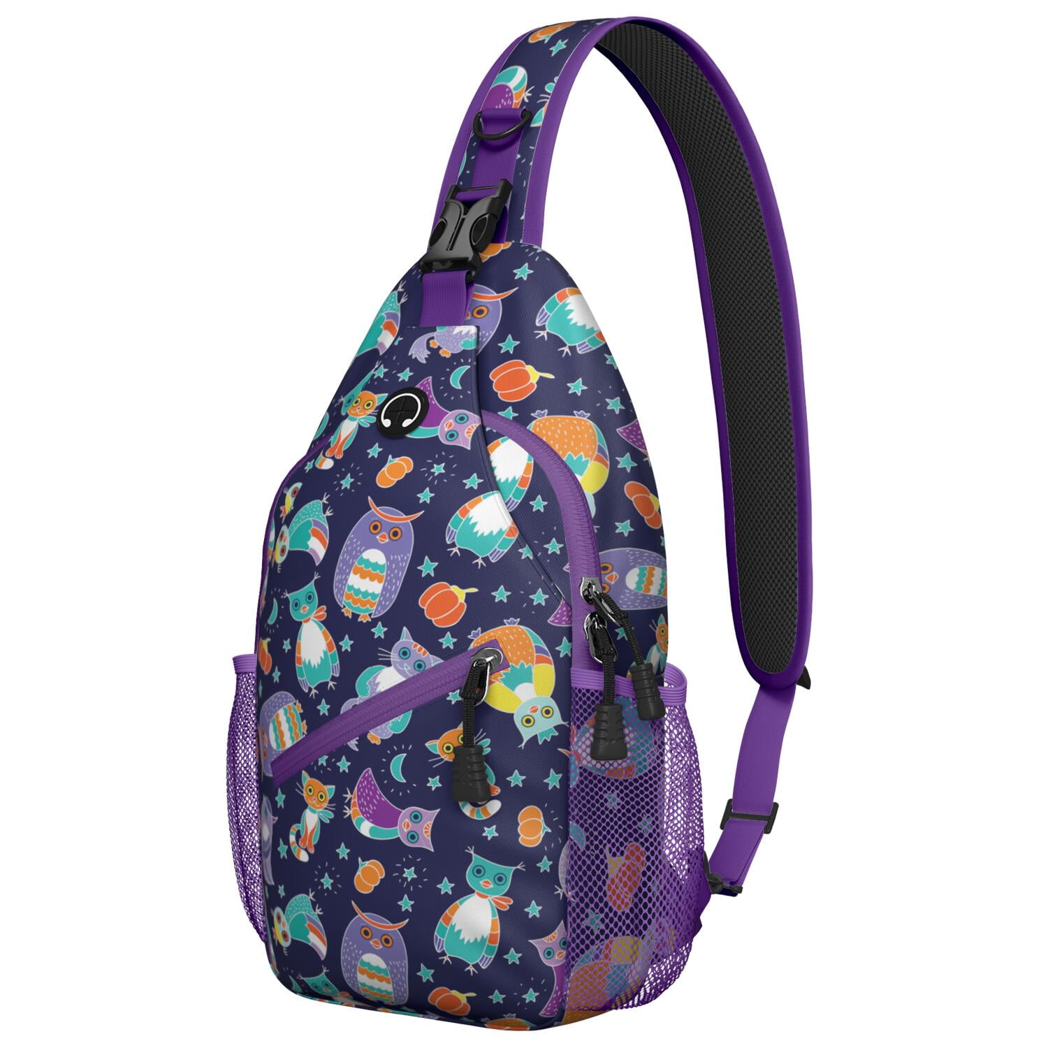 Cartoon Owl with Moon and Stars Sling Backpack, Forest Fantasy Owl ...