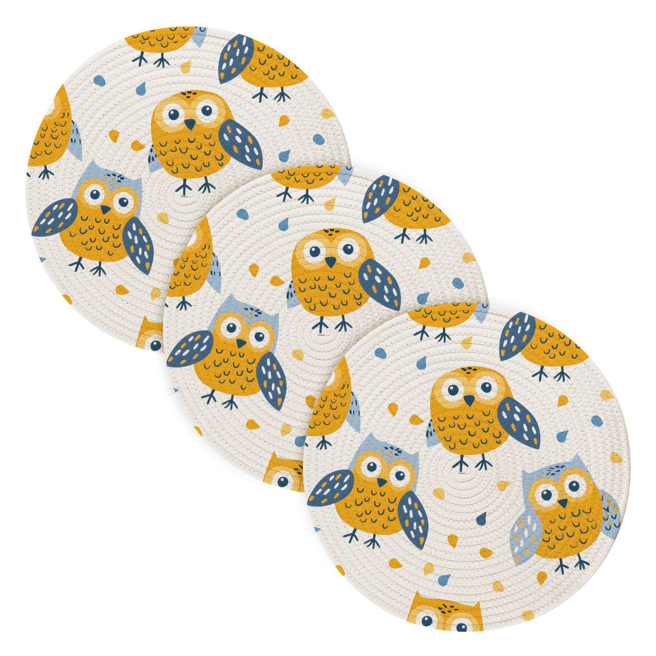 Cartoon Owls 3 Pcs Pot Holders Trivets Set Woven Heat-Resistant Kitchen ...