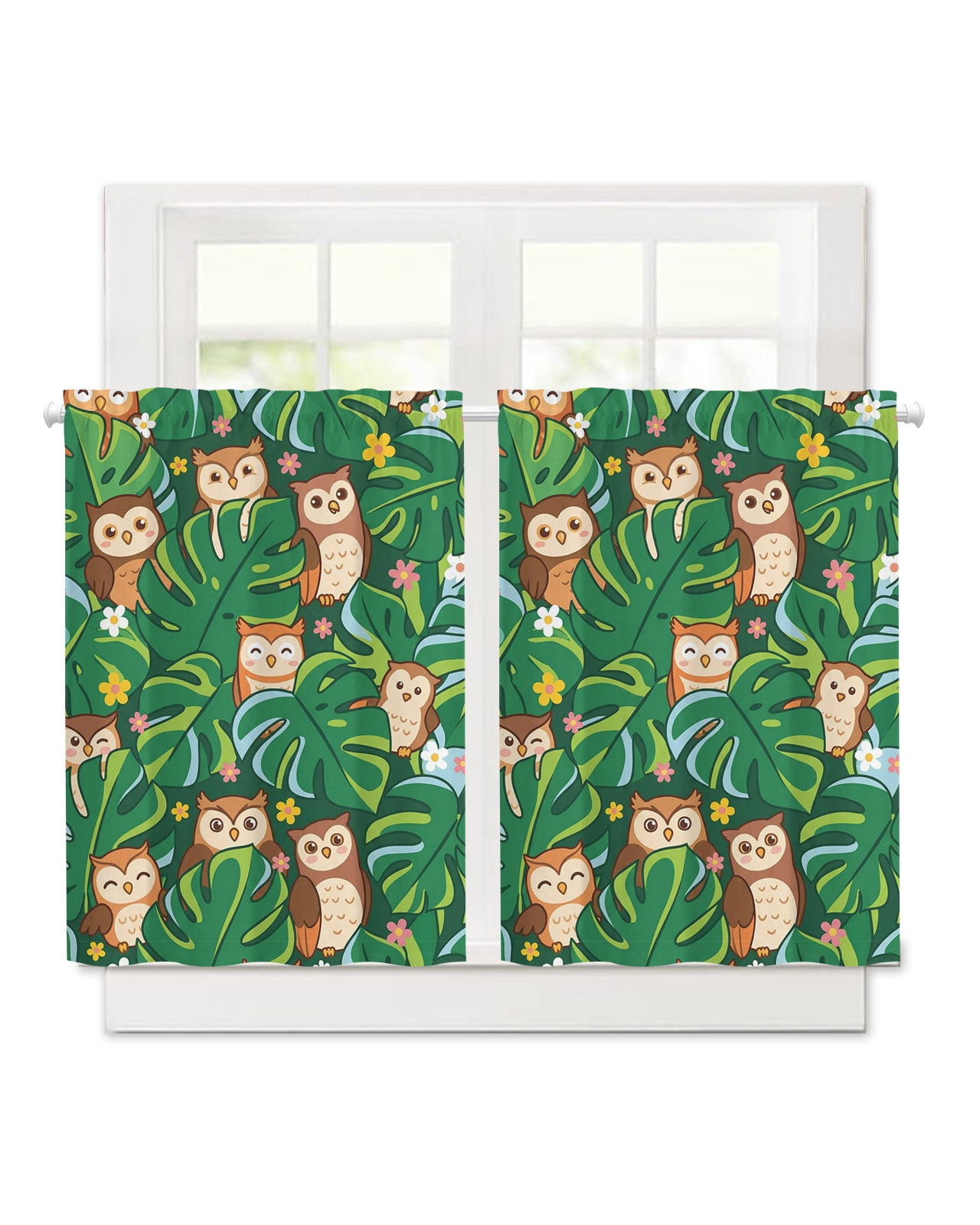 Cartoon Owls Green Palm Leaves Short Blackout Curtains 36 Inch Long ...
