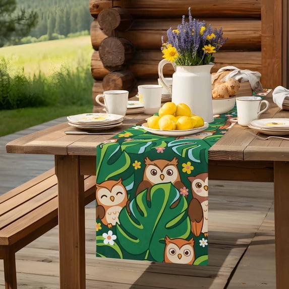 Cartoon Owls Green Palm Leaves Table Runner 13x72in Non-Slip Cotton ...