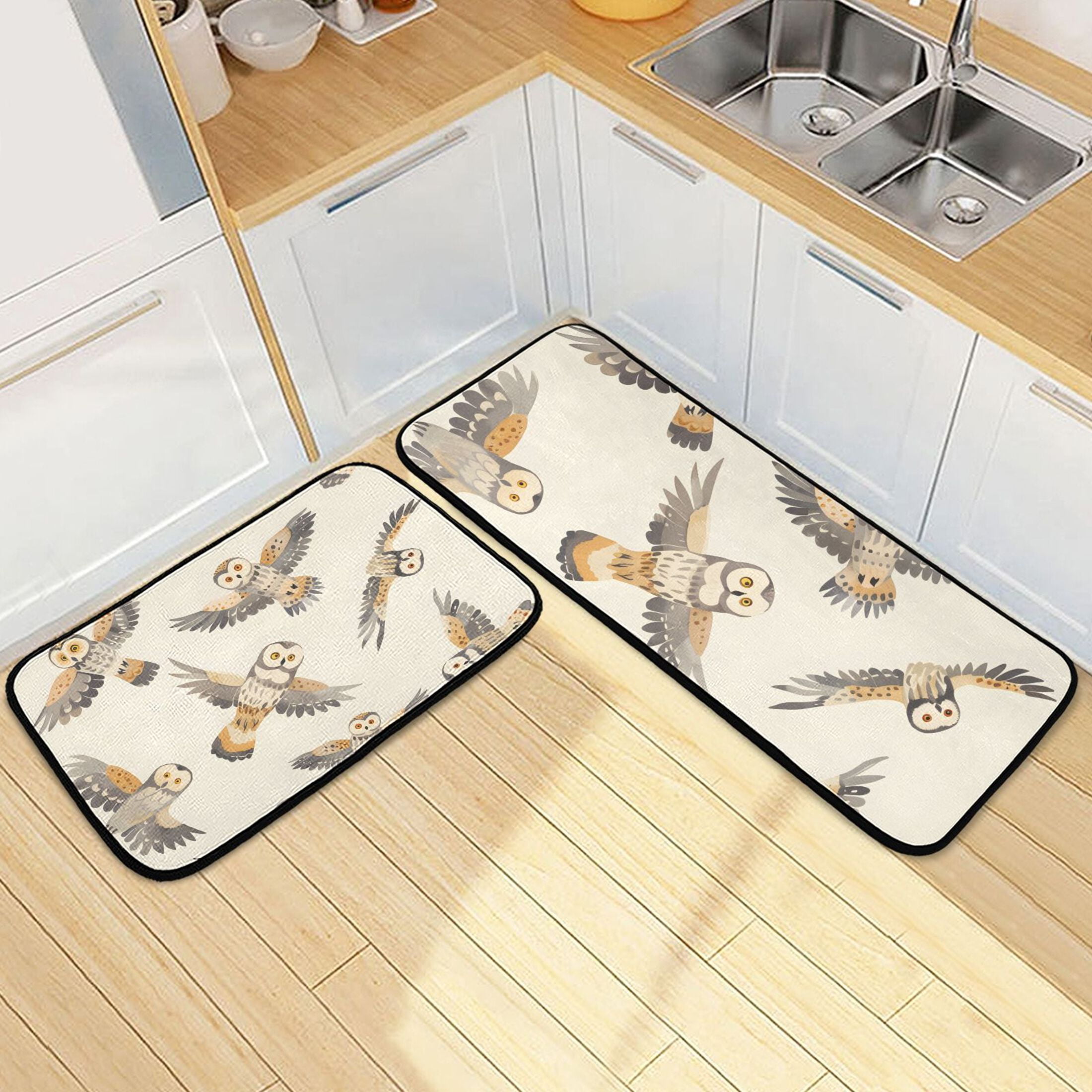 Cartoon Owls Kitchen Rugs Set of 2 Non Slip Floor Foam Mat Cushioned ...