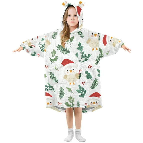 Cartoon Owls Leaves Berries Christmas Flannel Wearable Blankets Hooded ...