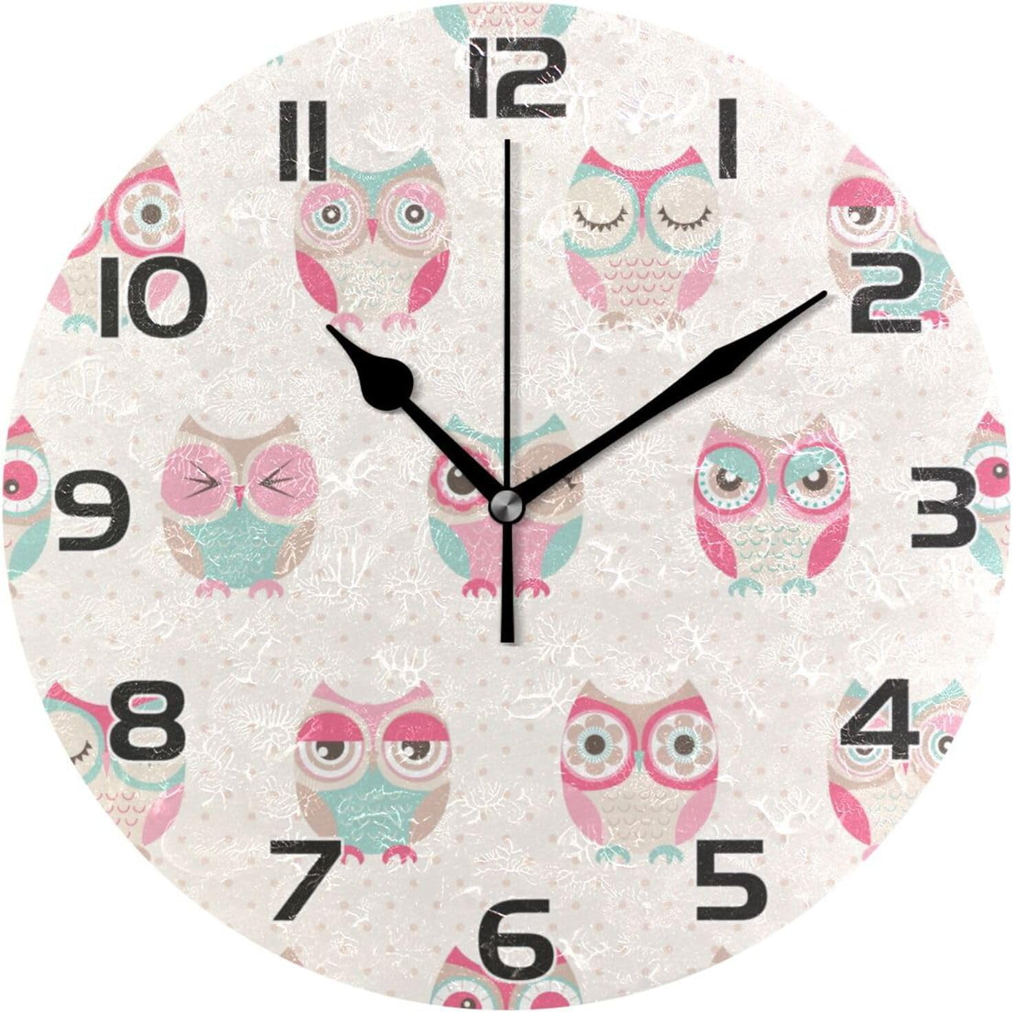 Cartoon Owls Pink Wall Clock Round Vintage Silent Non Ticking Battery ...