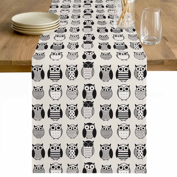 Cartoon Owls Table Runner - 108 Inch Long Modern Abstract Cute Birds ...