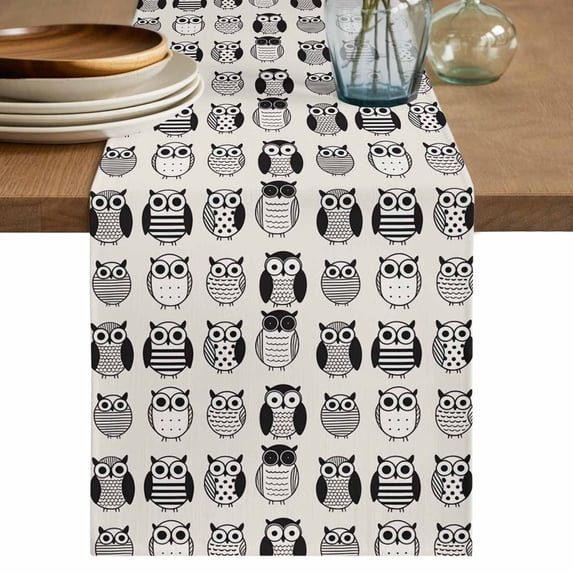 Cartoon Owls Table Runner 90 Inches, Modern Abstract Cute Birds Bed ...