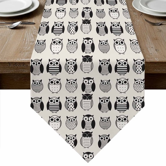 Cartoon Owls Table Runner Linen Burlap Table Runner 120 Inches Long ...
