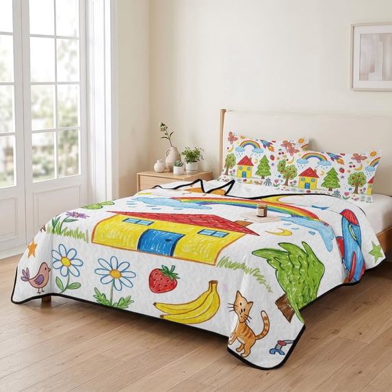 Cartoon Painting House Tree 3 Pieces Quilt Set,1 Quilt with 2 Shams ...