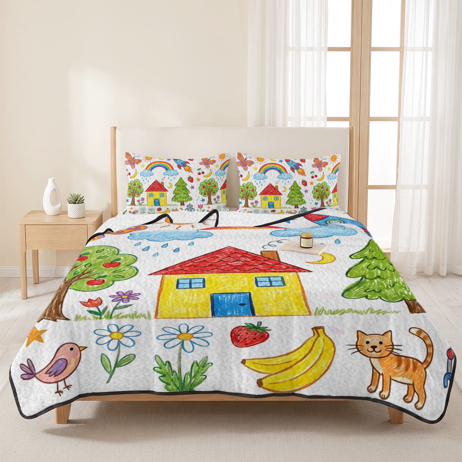 Cartoon Painting House Tree 3 Pieces Quilt Set,1 Quilt with 2 Shams ...
