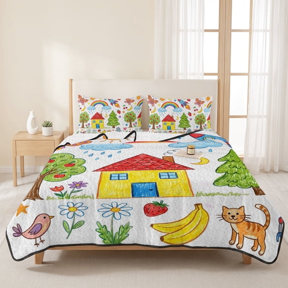 Cartoon Painting House Tree 3 Pieces Quilt Set,1 Quilt with 2 Shams ...