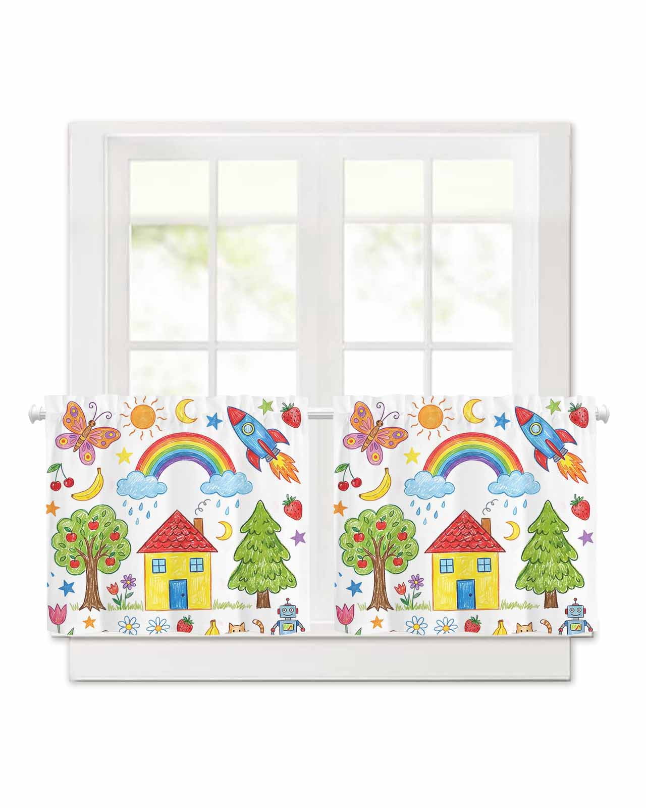 Cartoon Painting House Tree Short Blackout Curtains 30 Inch Long ...