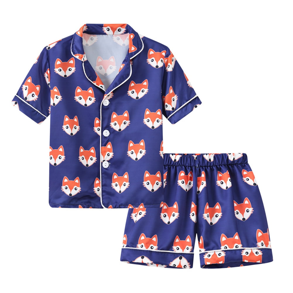 Cartoon Pajama Set for Kids Little Boy Girl Button-up Imitation Silk ...