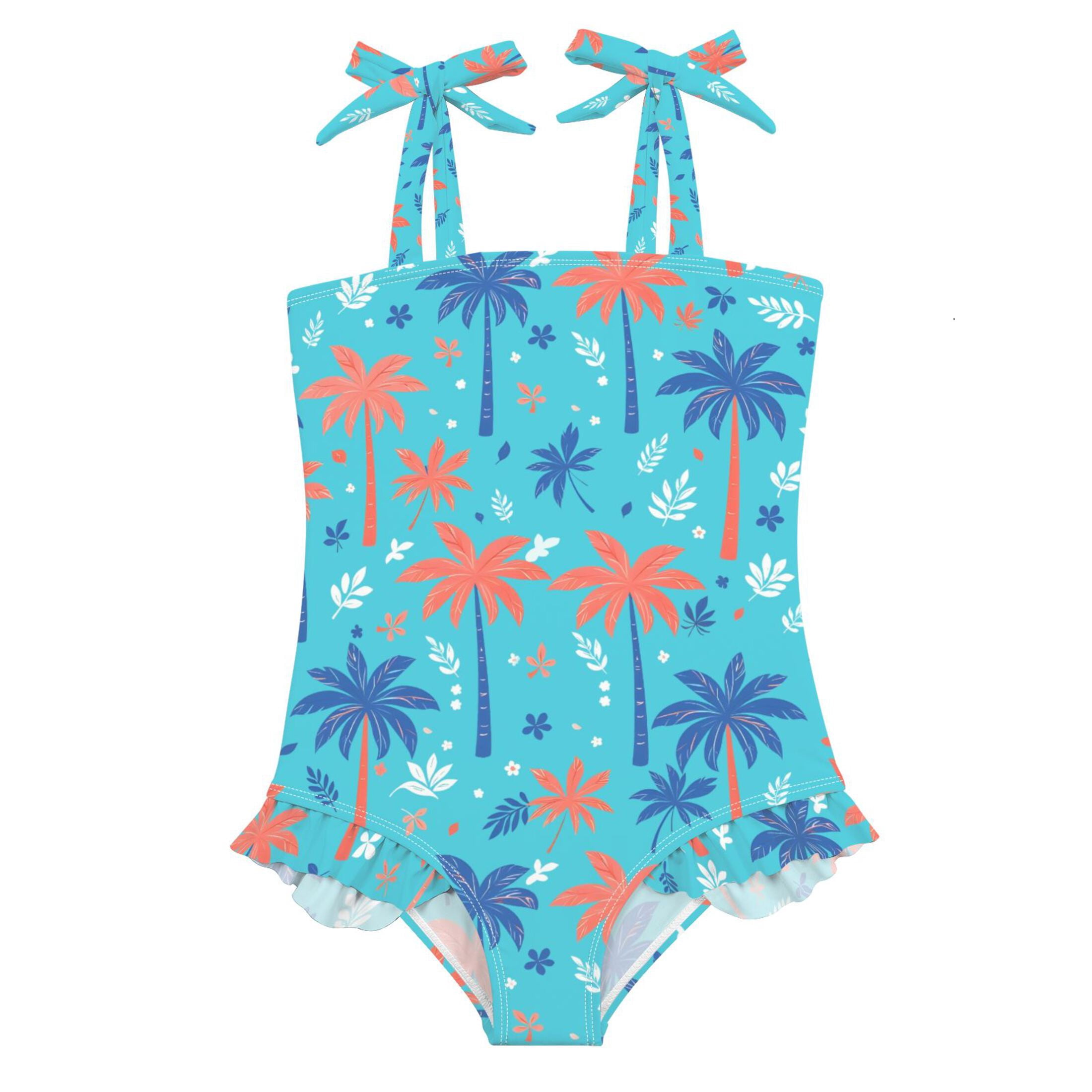 Cartoon Palm Tree Girls' One-Piece Swimsuit Bowknot Tie Shoulder ...