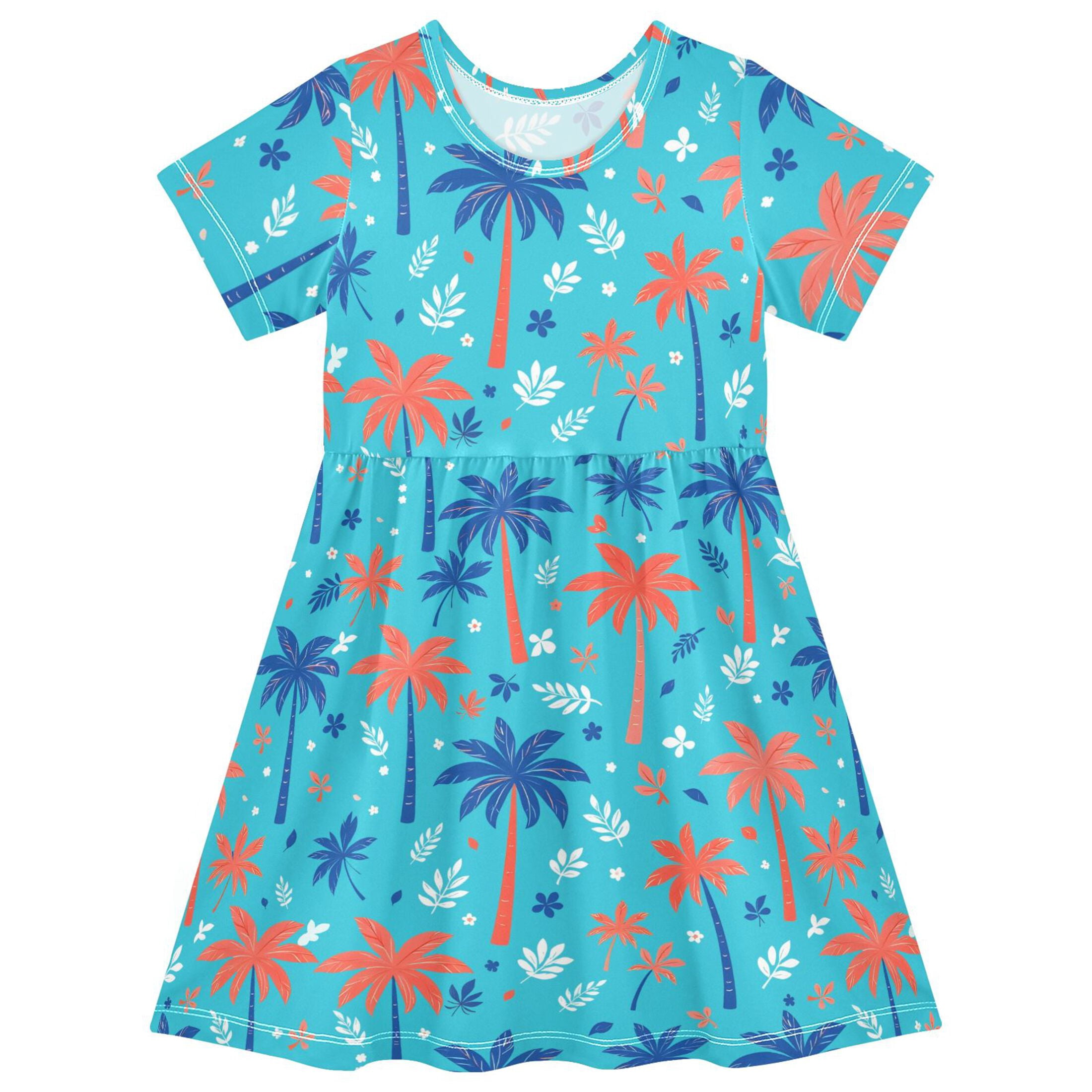 Cartoon Palm Tree Girls Short Sleeve Dress A Line Sun Protection ...