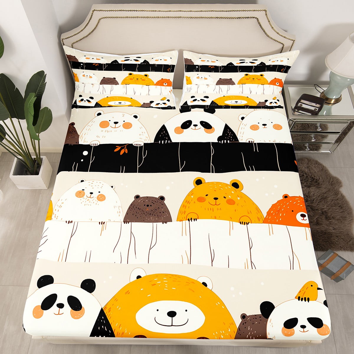 Cartoon Panda Bear Fitted Sheet Queen Size Funny Tropical Animals ...