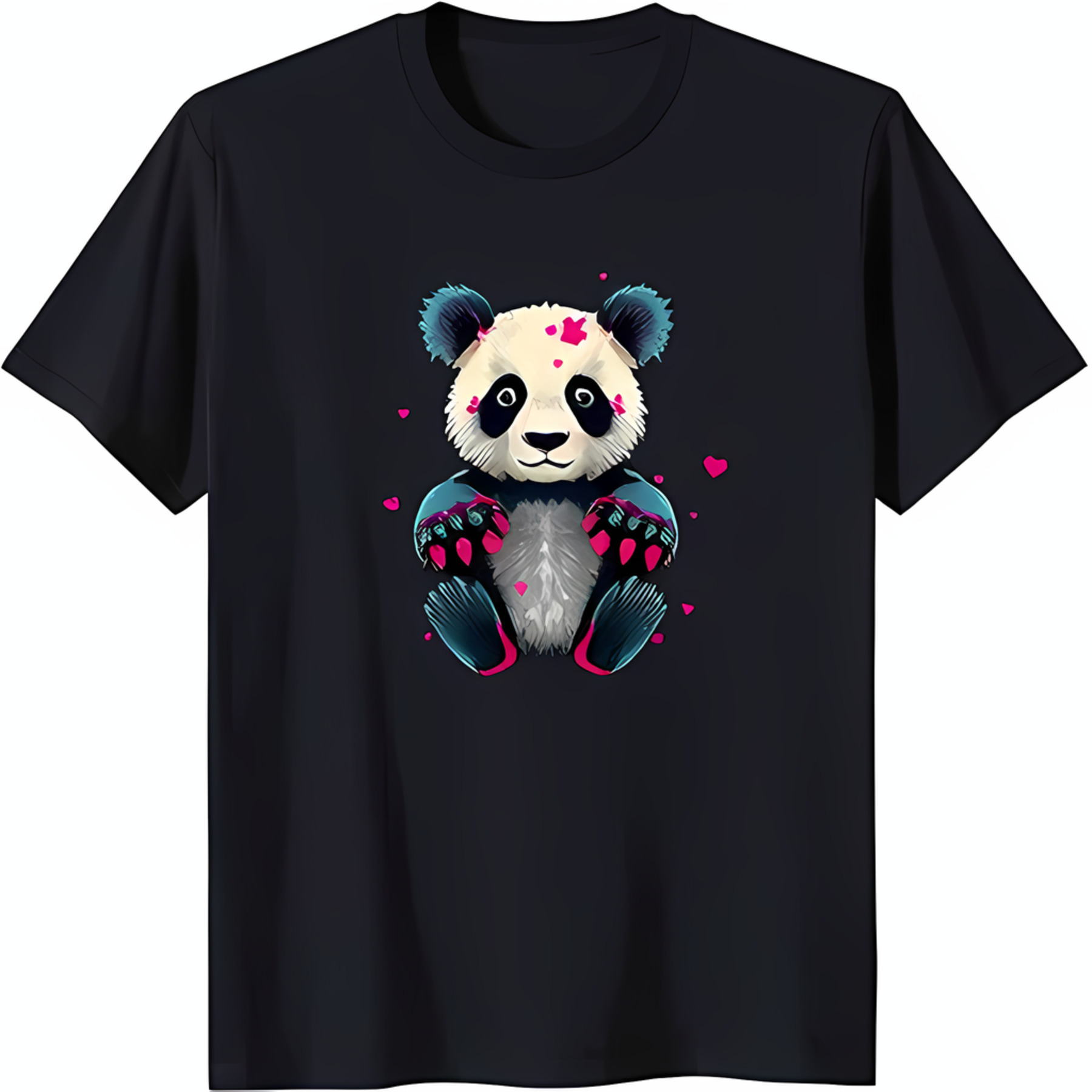 Cartoon Panda Bear Graphic Black T-Shirt with Pink Hearts & Details ...