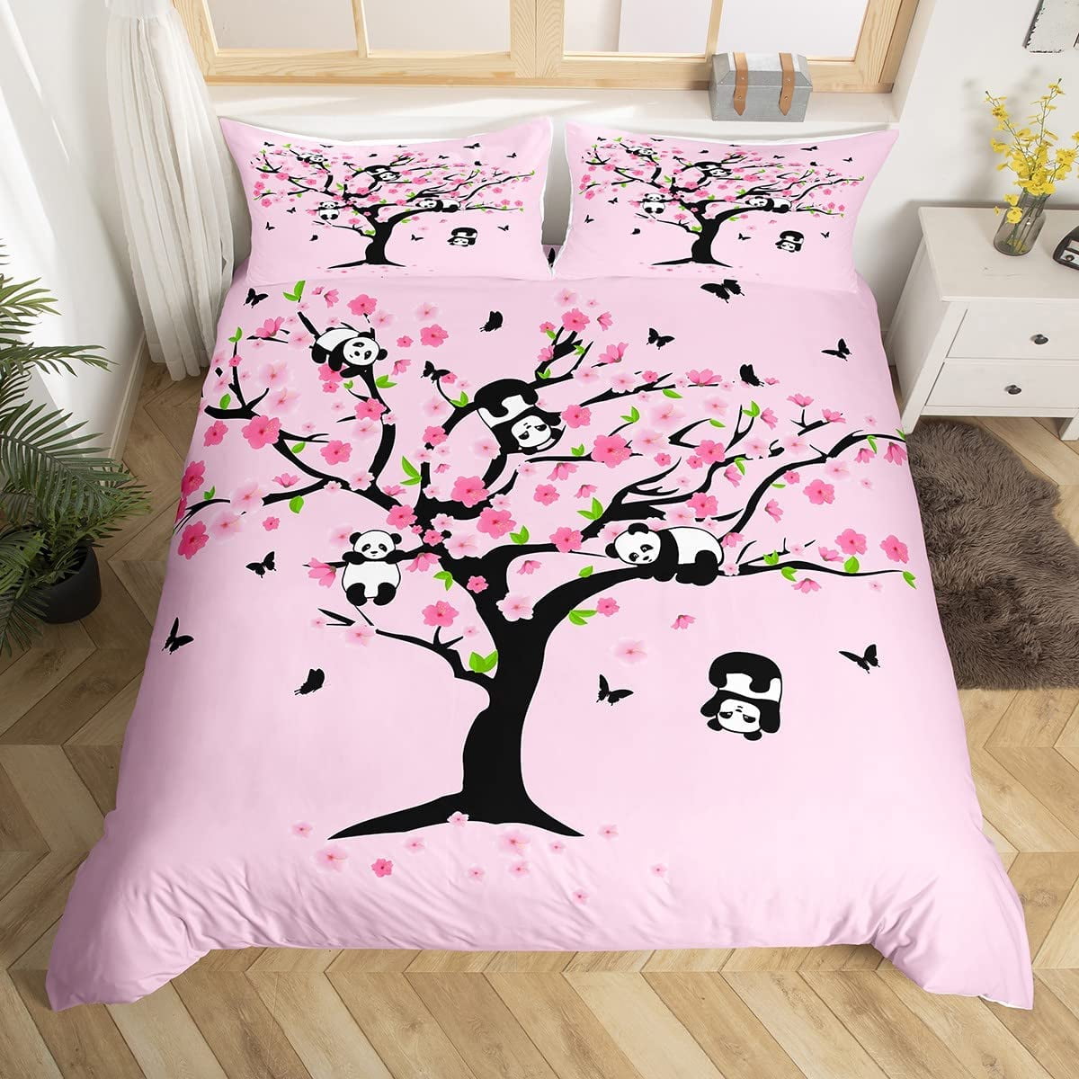 Cartoon Panda Bedding Set Cherry Blossom Duvet Cover for Girls Boys ...