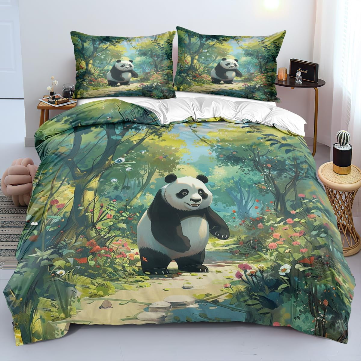 Cartoon Panda Bedding Set Flowers Bed Sets Bears Floral Comforter Cover ...