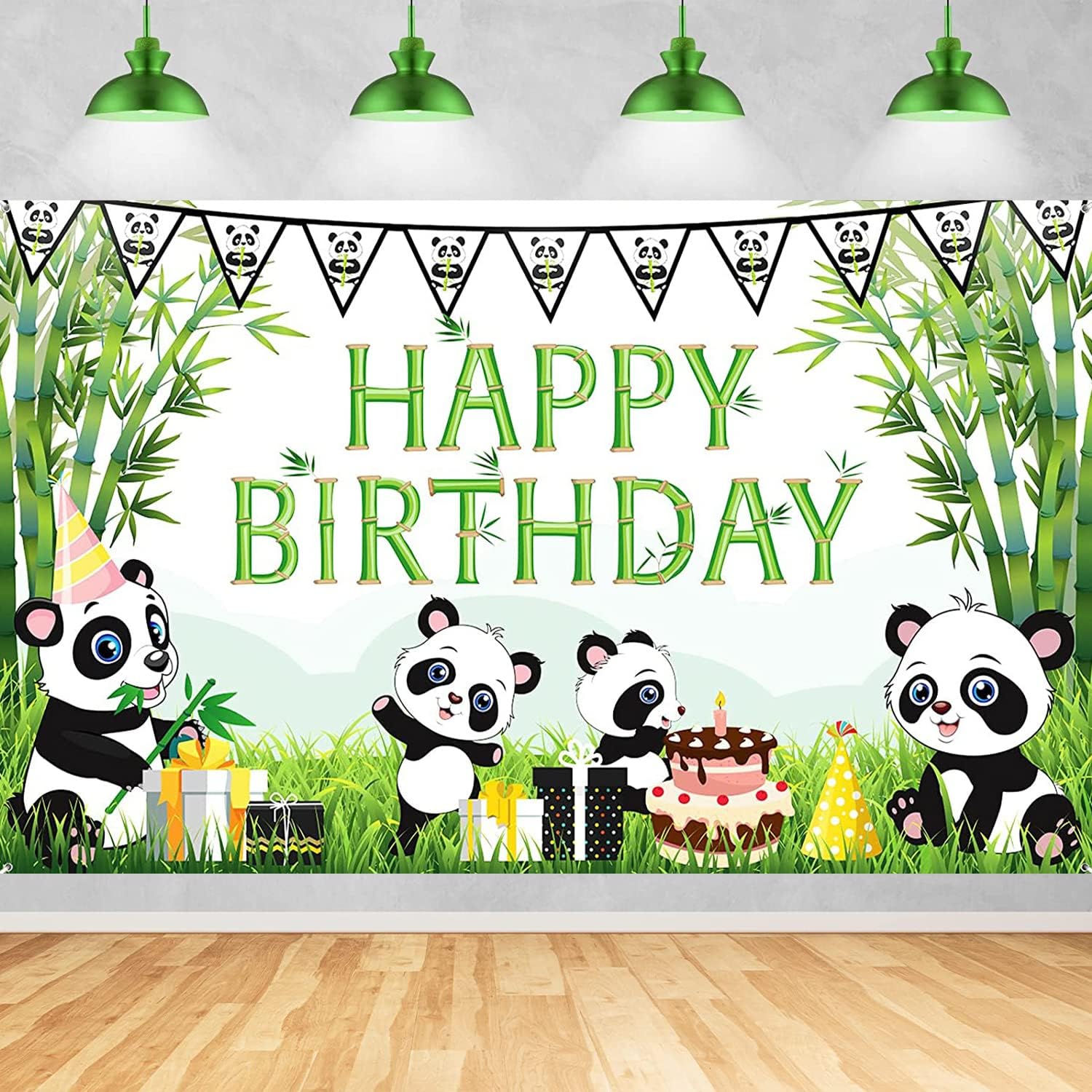 Cartoon Panda Birthday Backdrop, Green Bamboo Panda Theme Baby Shower ...