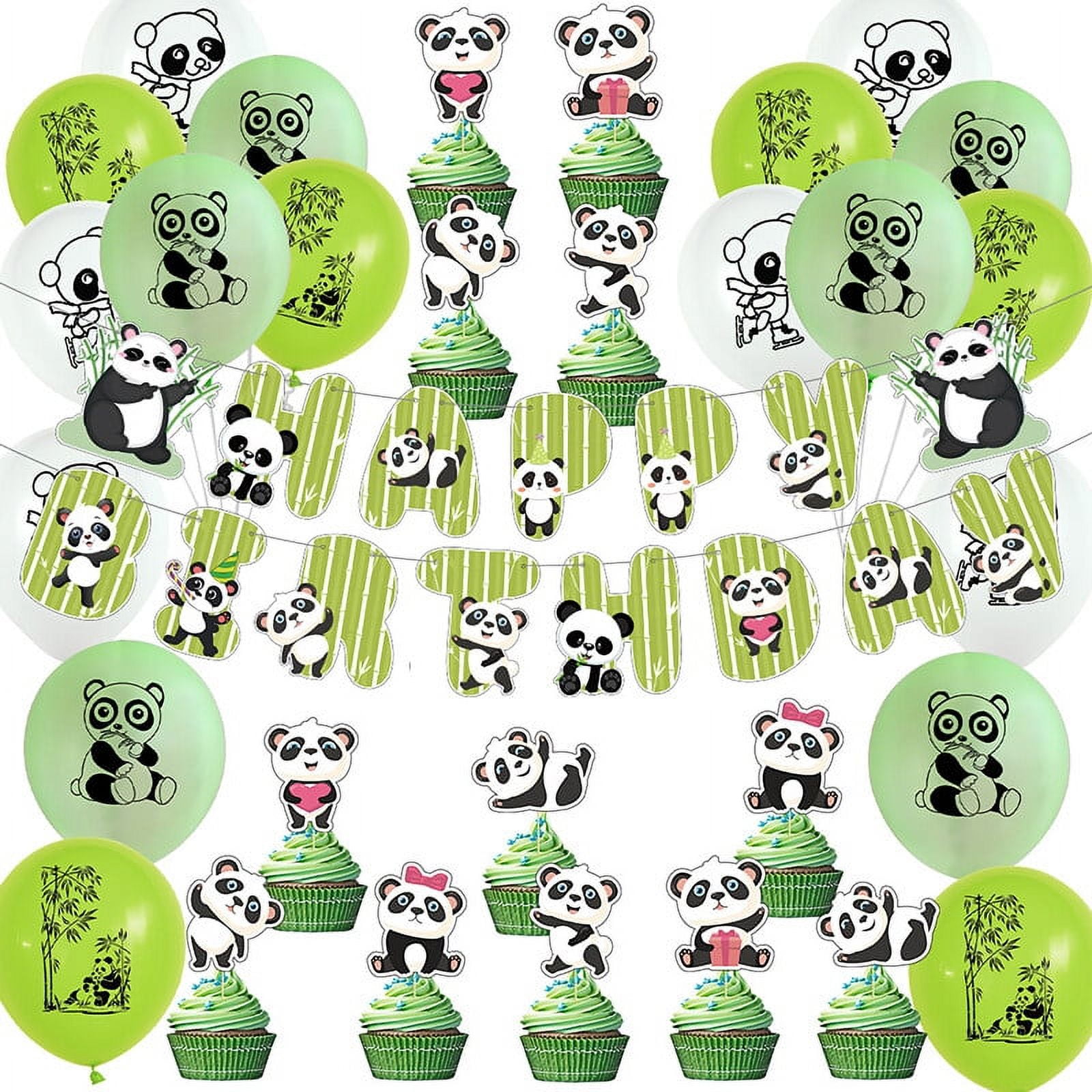 Cartoon Panda Birthday Party Decorations Green Balloons Set with Happy ...