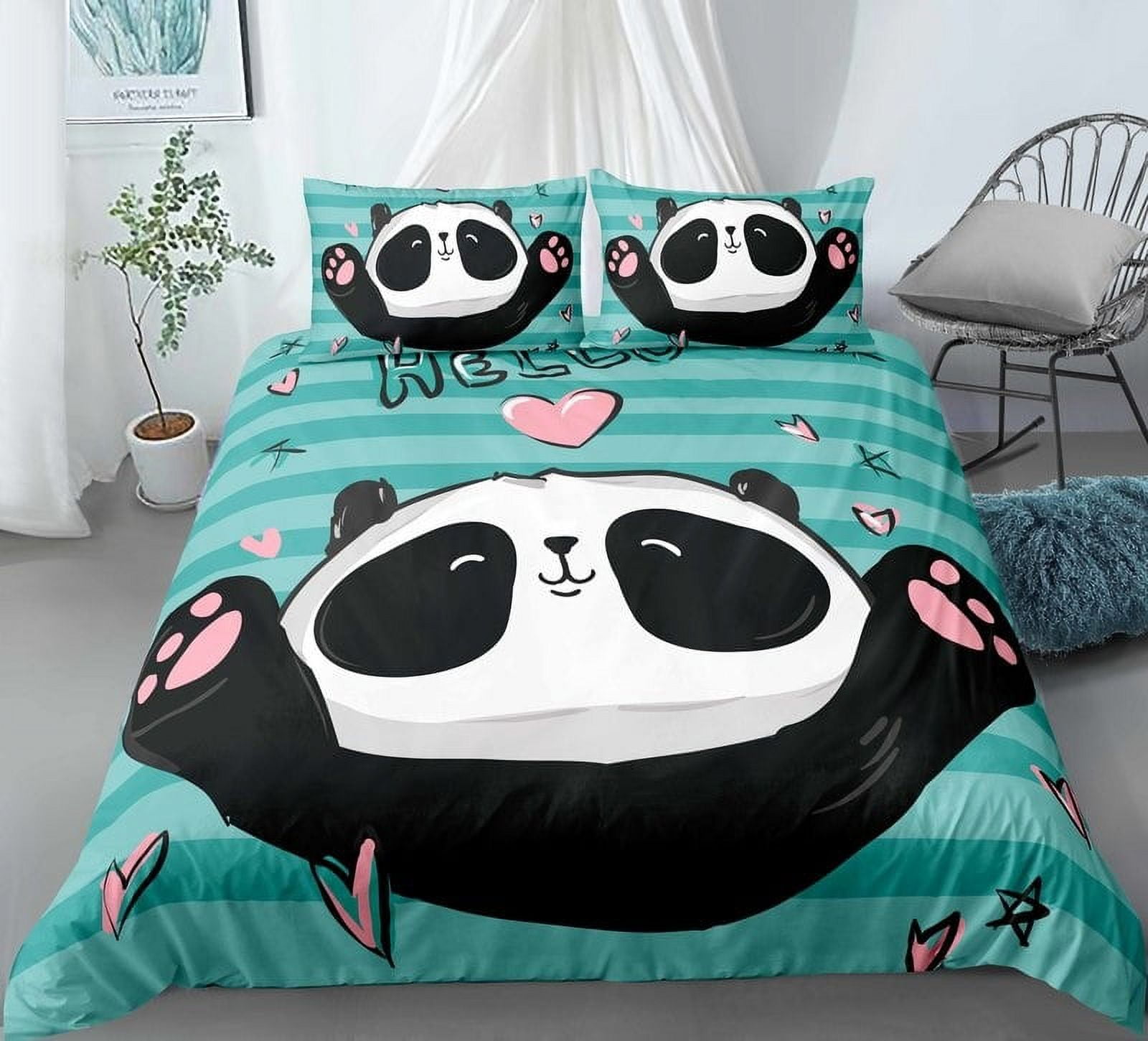 Cartoon Panda Decorative 3 Piece Bedding Set, Cute Baby Panda Climbing ...