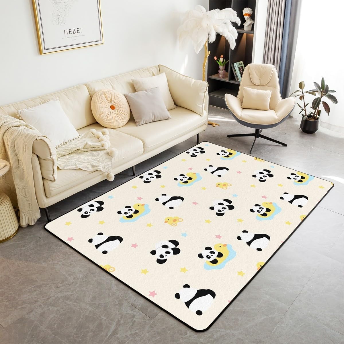 Cartoon Panda Kids Area Rug,Stars Cute Yellow Baby Duck Toddler Indoor ...