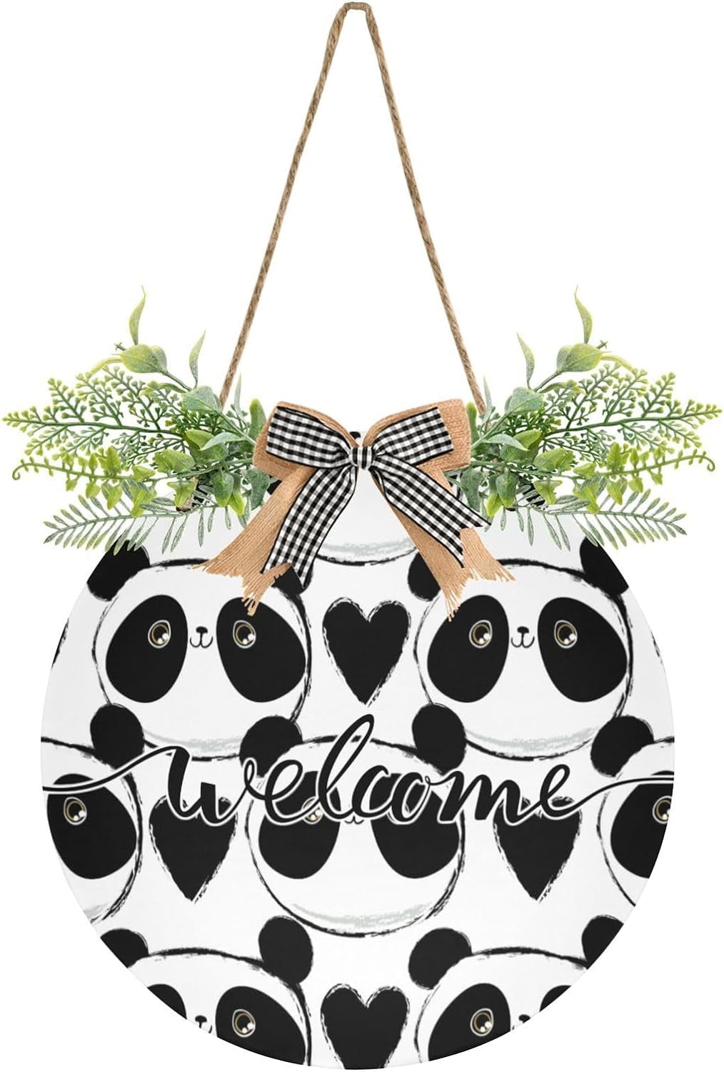 Cartoon Panda Welcome Sign Farmhouse Front Porch Door Hanging Welcome ...