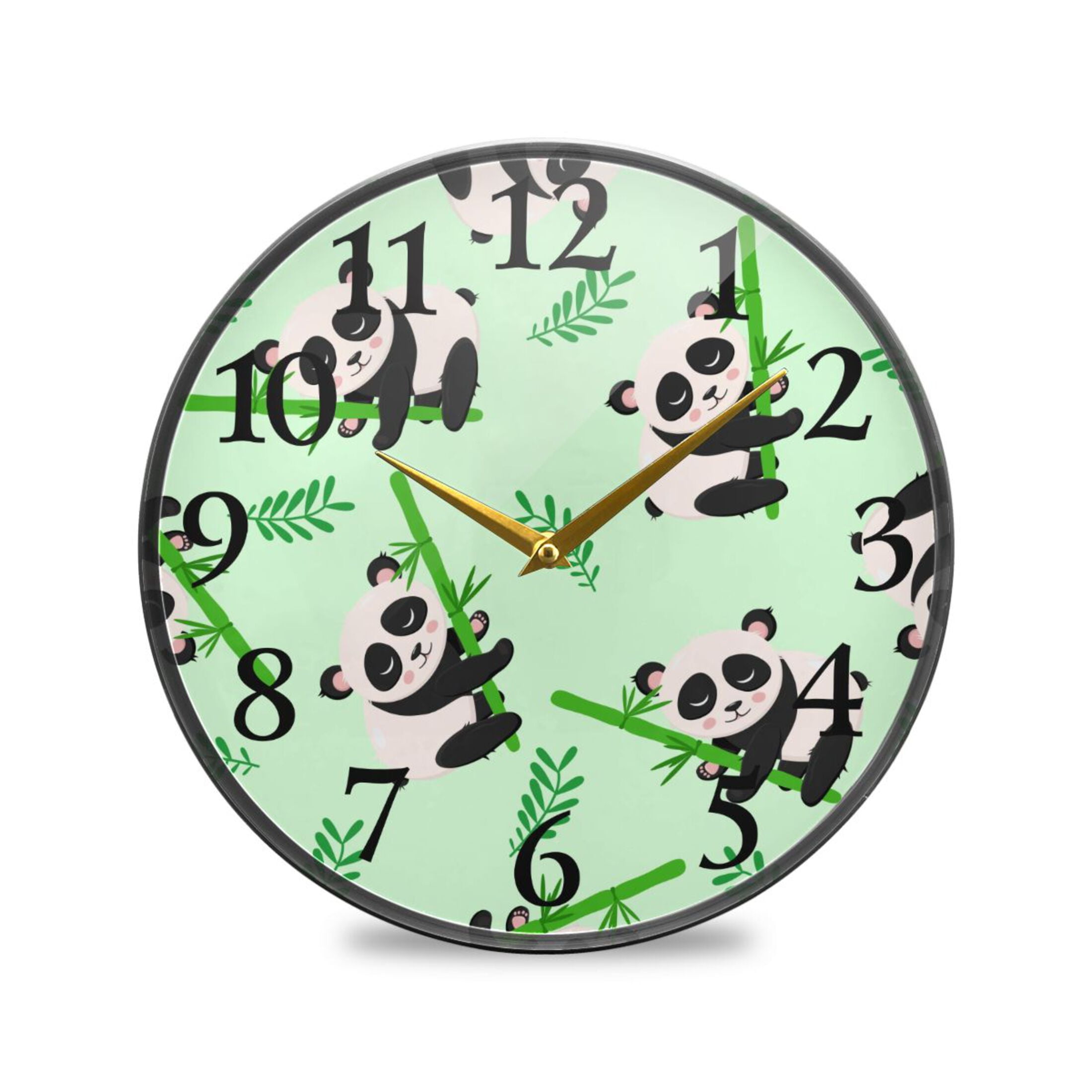 Cartoon Panda and Bamboos Wall Clocks Battery Operated 9.5 Inch Round ...