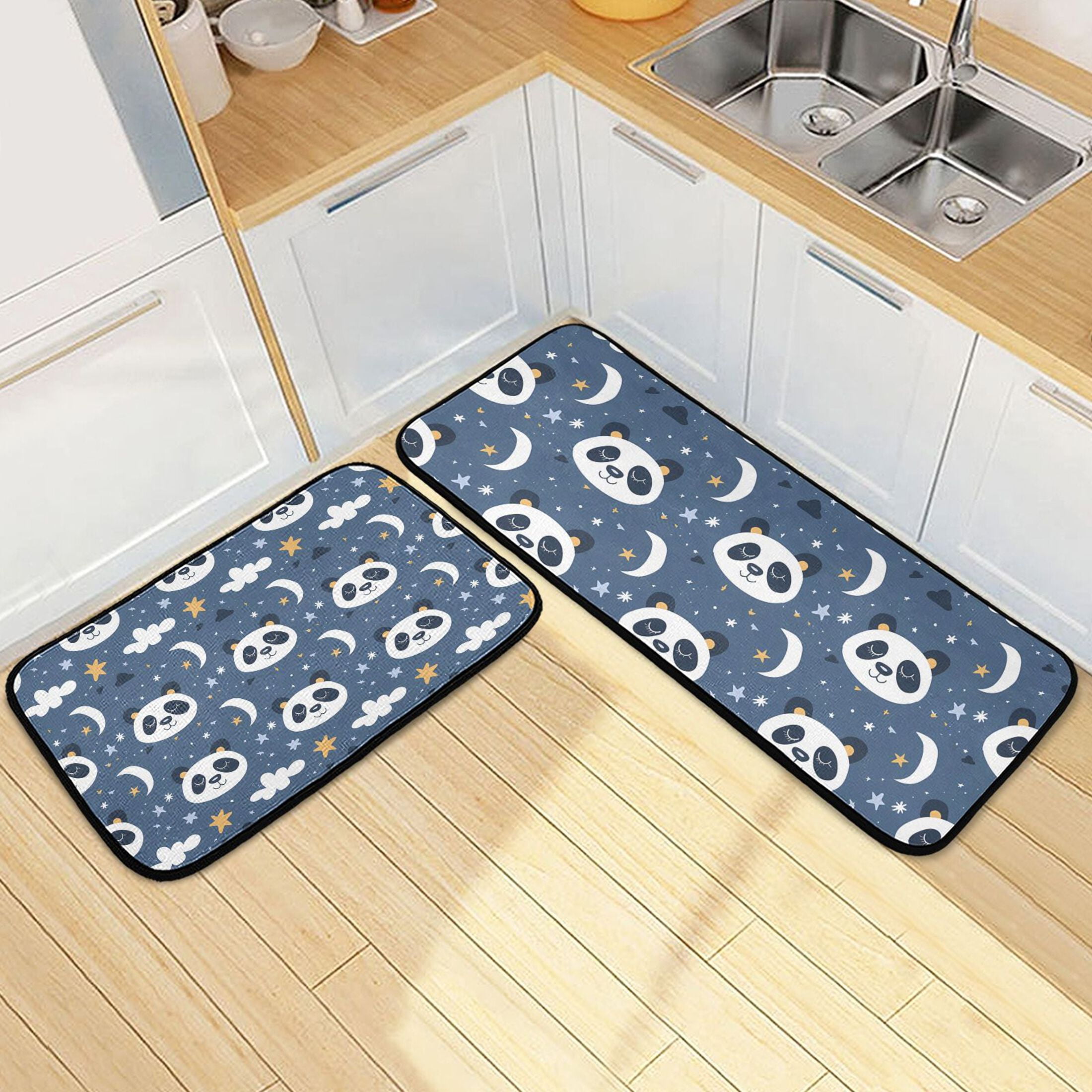 Cartoon Pandas and Clouds Kitchen Rugs Set of 2 Non Slip Floor Foam Mat ...