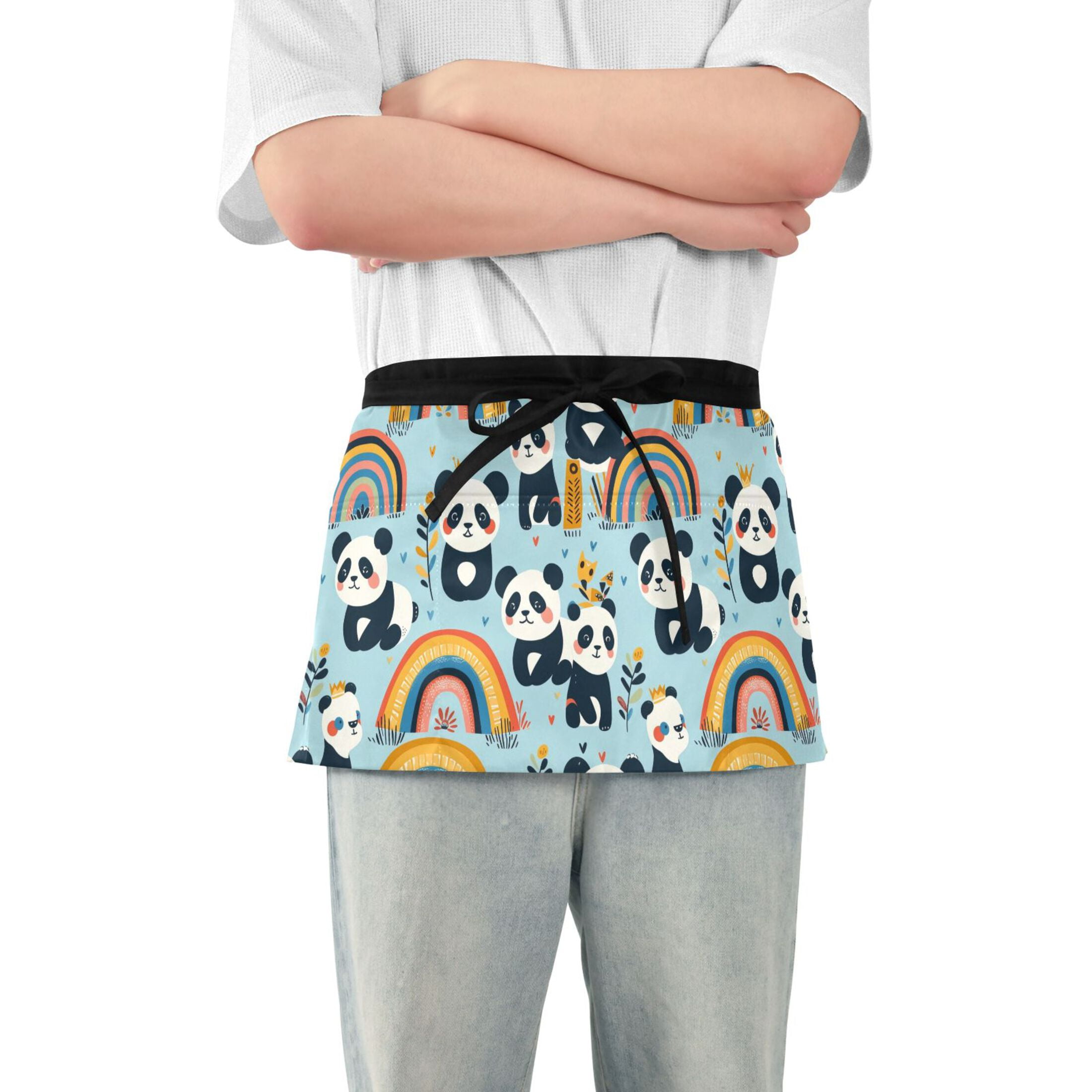 Cartoon Pandas with Rainbow Server Apron with 3 Pockets Waterproof ...