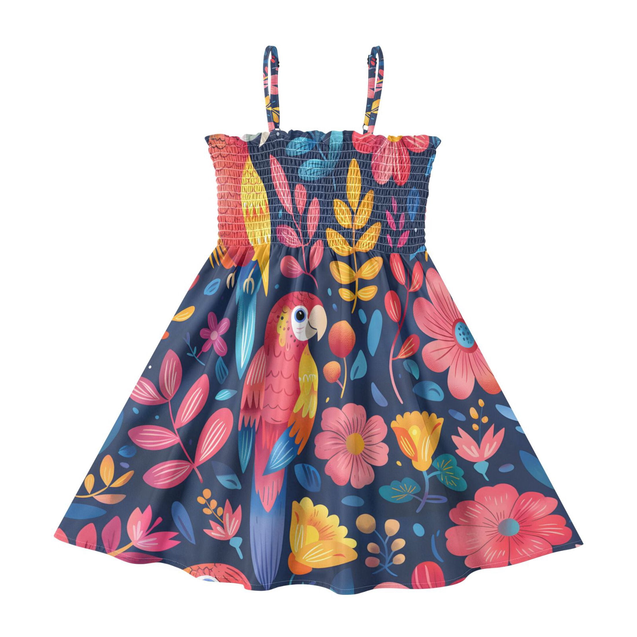 Cartoon Parrot Pattern Girls' Casual Dresses 2Y-8Y Sleeveless Ruffle ...