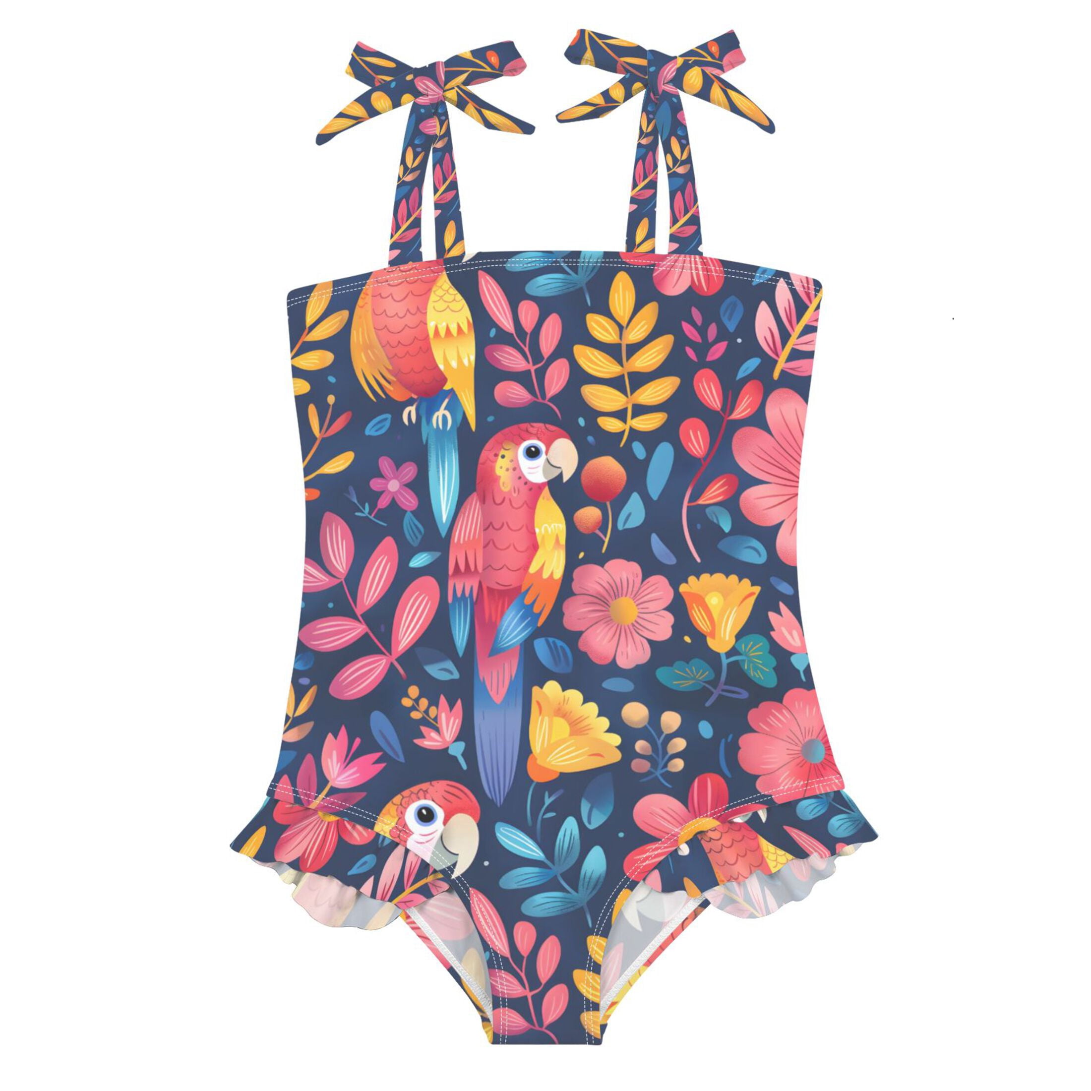 Cartoon Parrot Pattern Girls' One-Piece Swimsuit Bowknot Tie Shoulder ...