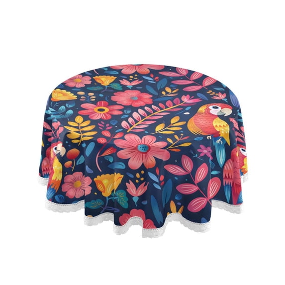Cartoon Parrot Pattern Round Lace Tablecloth 60 Inch Polyester Wrinkle ...