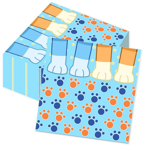 Cartoon Paw Print Party Napkins - Blue & Orange Themed Decorative ...