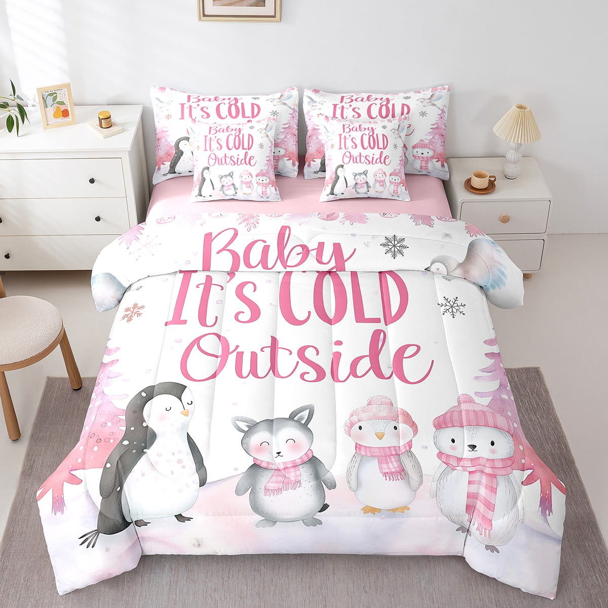 Cartoon Penguin Bear Bedding Set Winter Style Snowflake Polyester Bed ...