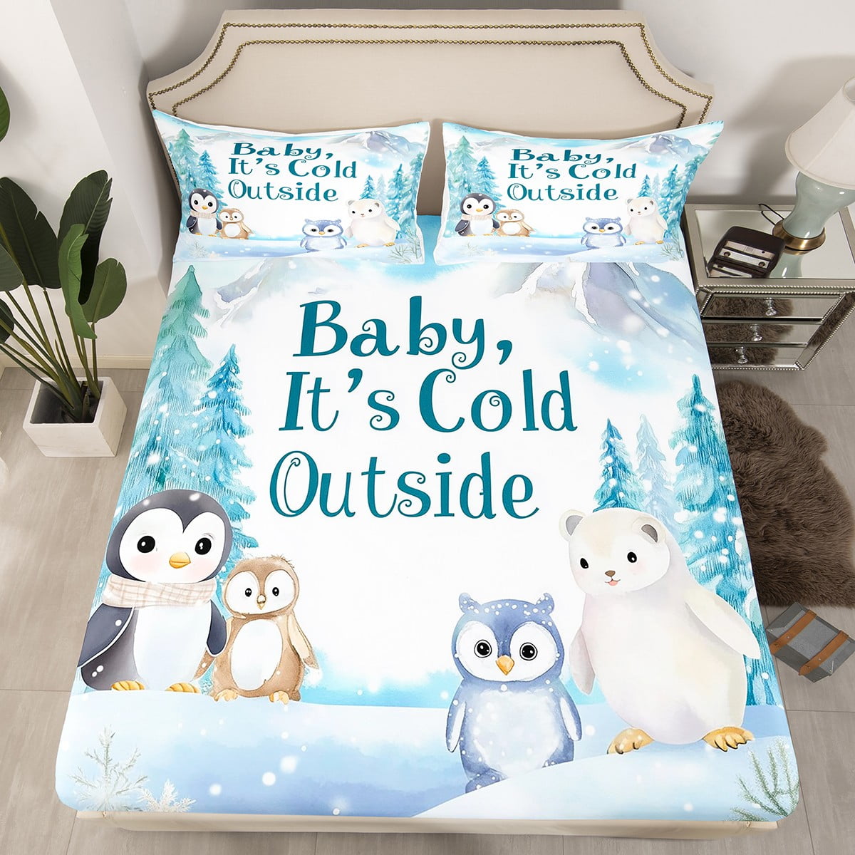 Cartoon Penguin Bear Fitted Sheet Twin Size,Winter Style Snowflake Bed ...