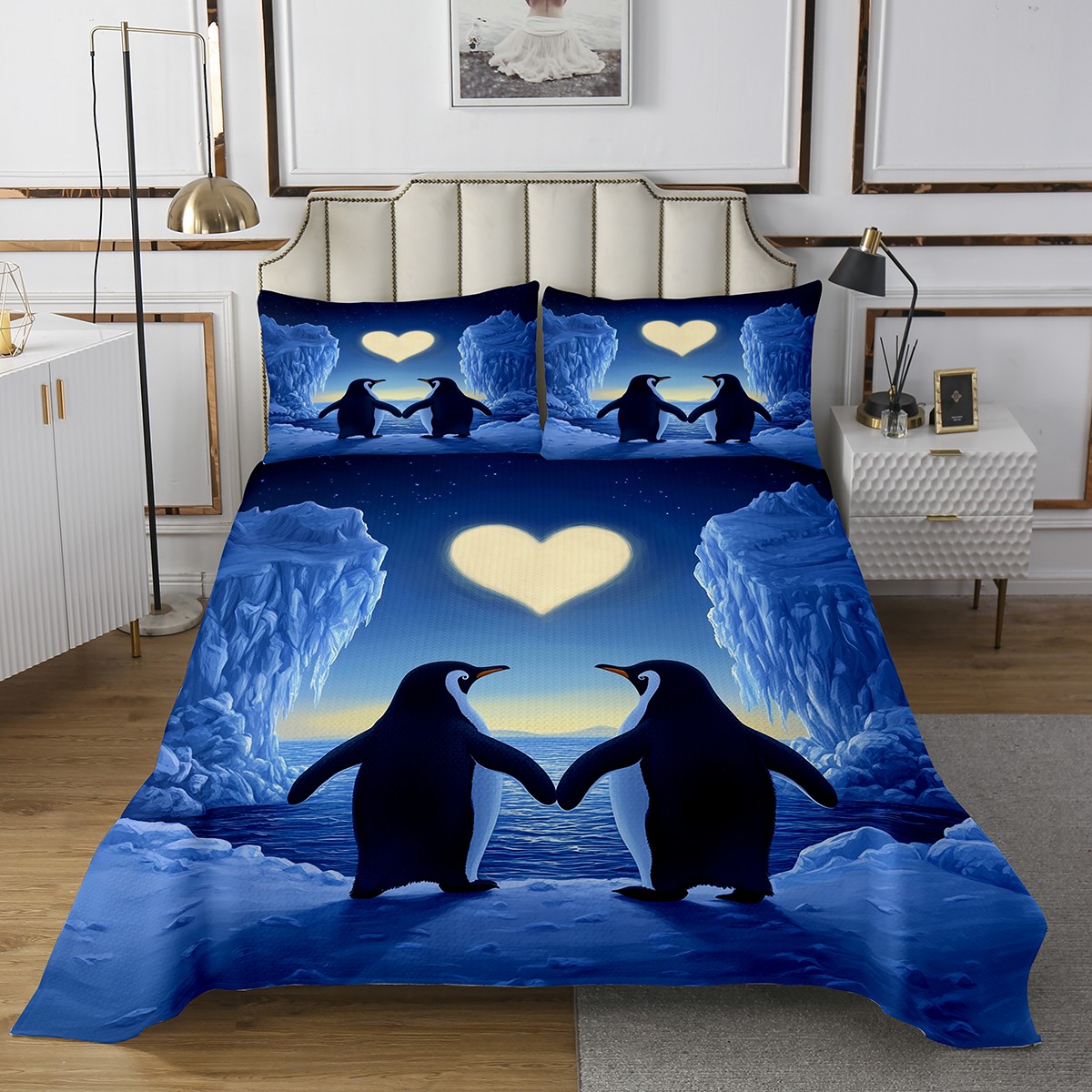 Cartoon Penguin Bedspread Set Iceberg Pattern Queen Quilt Set for Girls ...