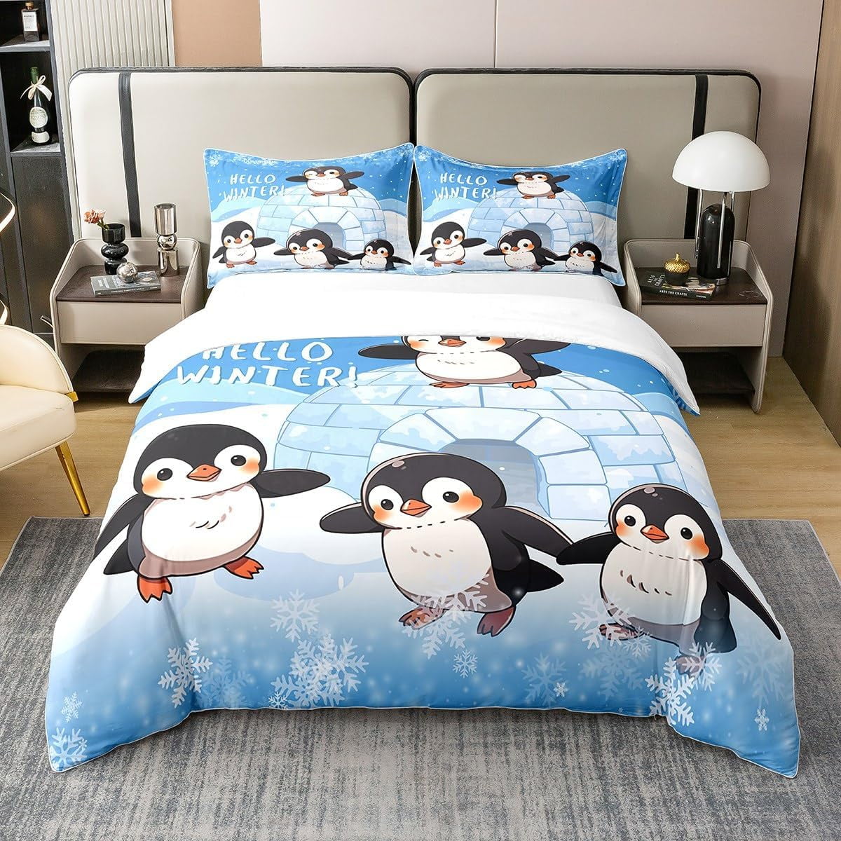 Cartoon Penguin Duvet Cover,Outdoor Ice House Outdoor Animals Snowflake ...