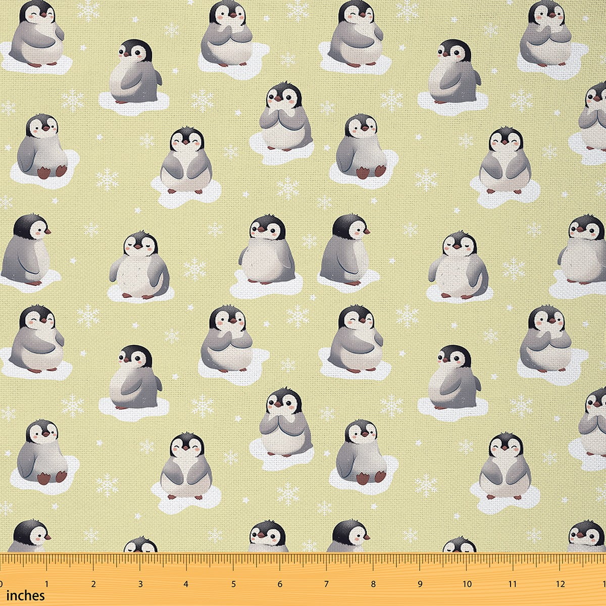 Cartoon Penguin Fabric By The Yard, Yellow Kawaii Animals Upholstery ...