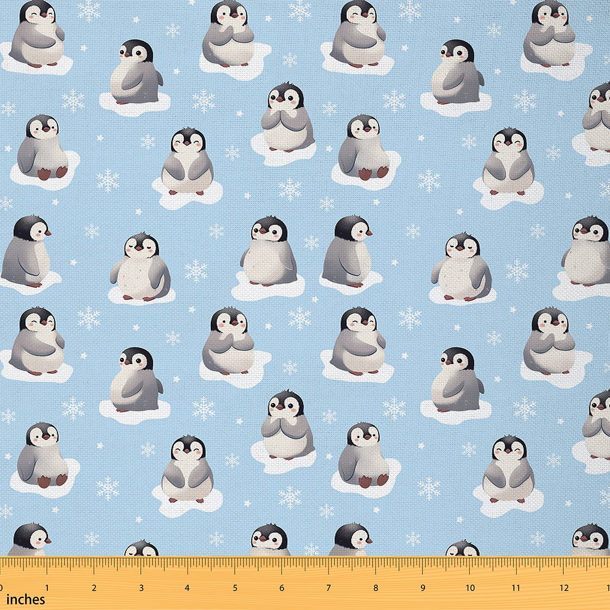 Cartoon Penguin Fabric By The Yard, Cute Animals Winter Upholstery Fabric, Kawaii Snowflakes ...