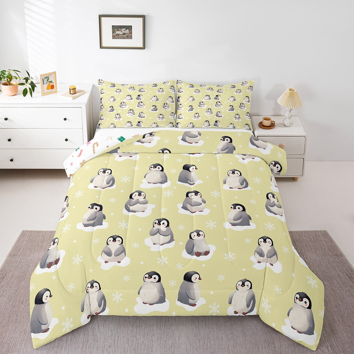Cartoon Penguin King Size Comforter Set, Yellow Kawaii Animals Cozy Bed ...