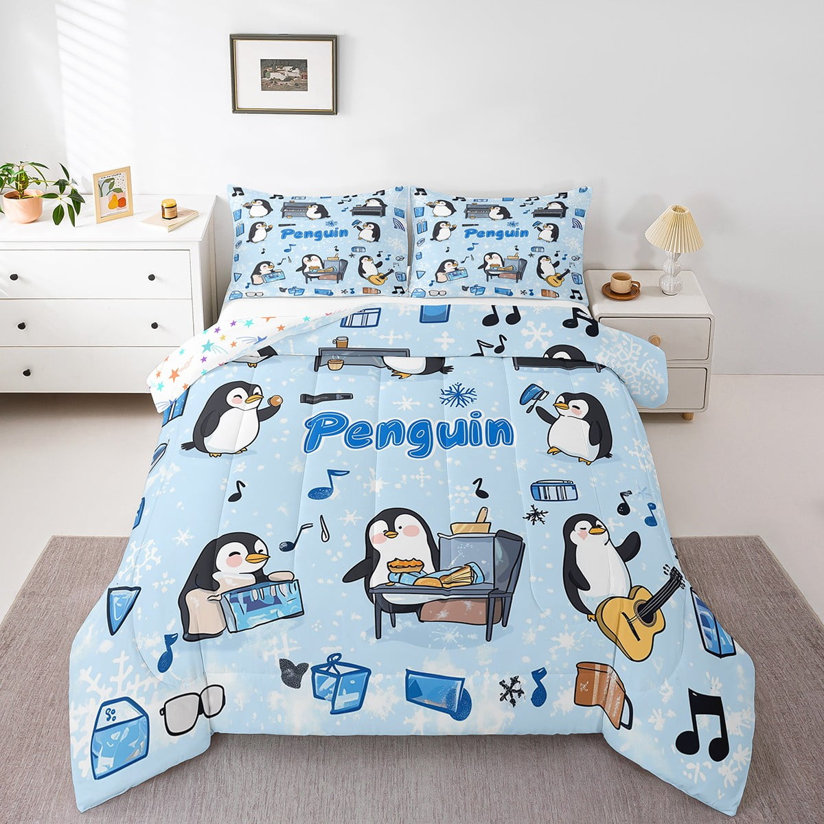 Cartoon Penguin Twin Comforter Set Cute Arctic Animal Bedding Set Room ...