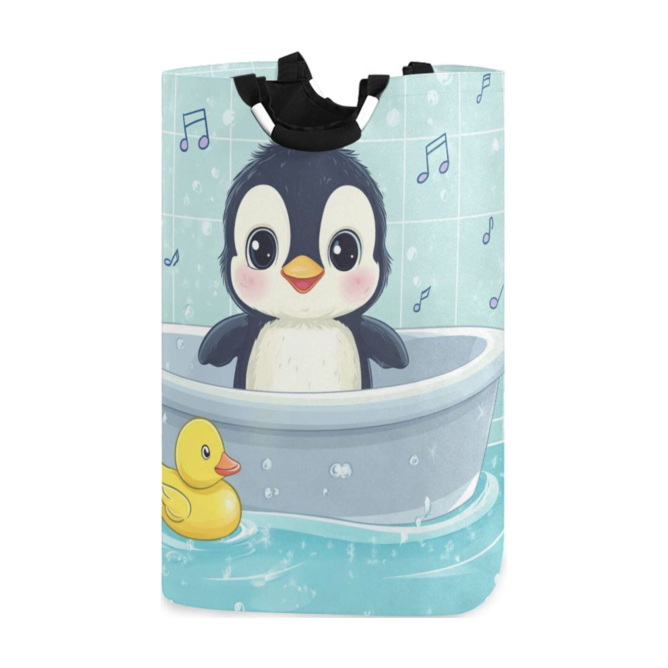 Cartoon Penguin in Bathtub Laundry Basket with Handles Foldable Laundry ...