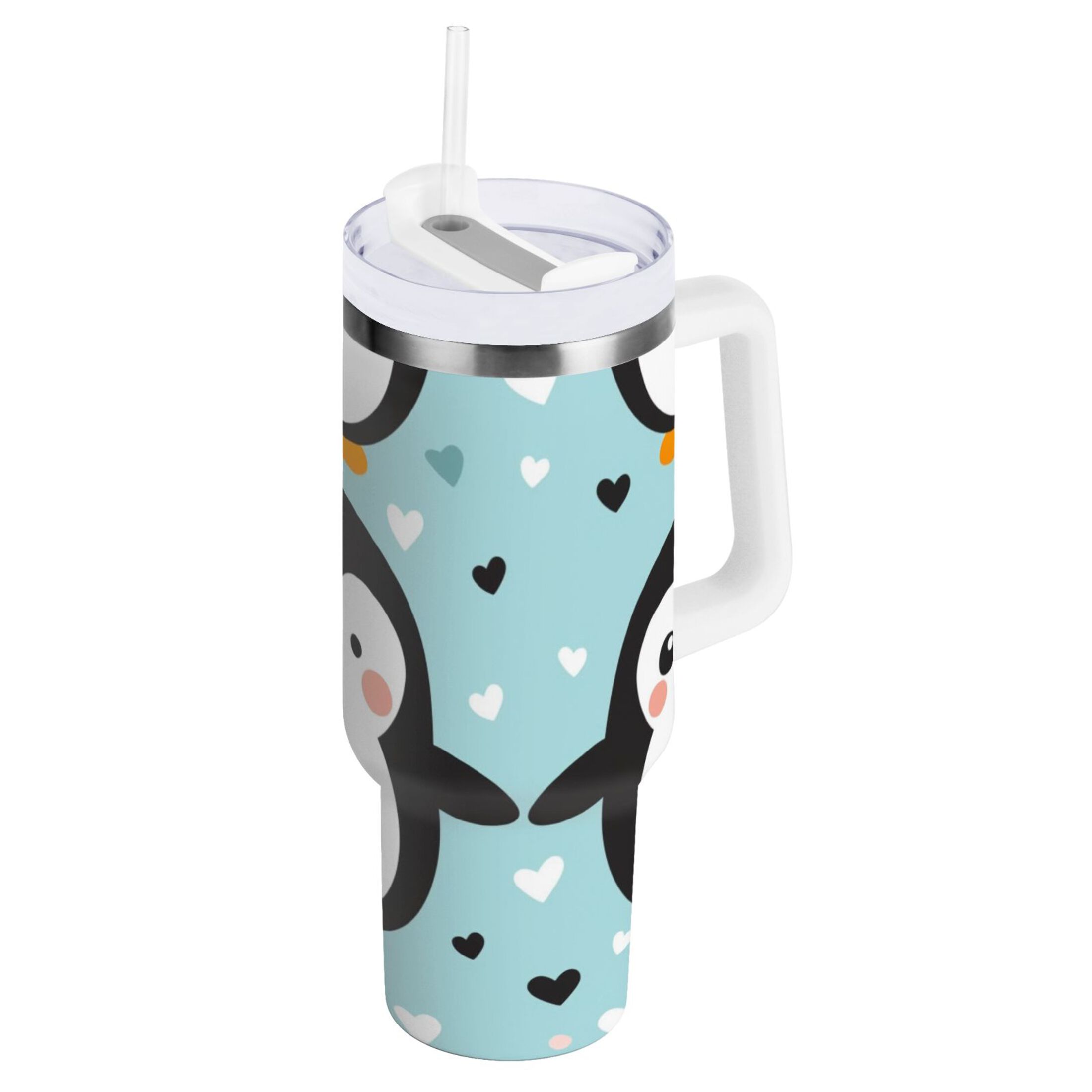 Cartoon Penguin with Hearts 40 oz Tumbler with Handle and Straw Lid ...