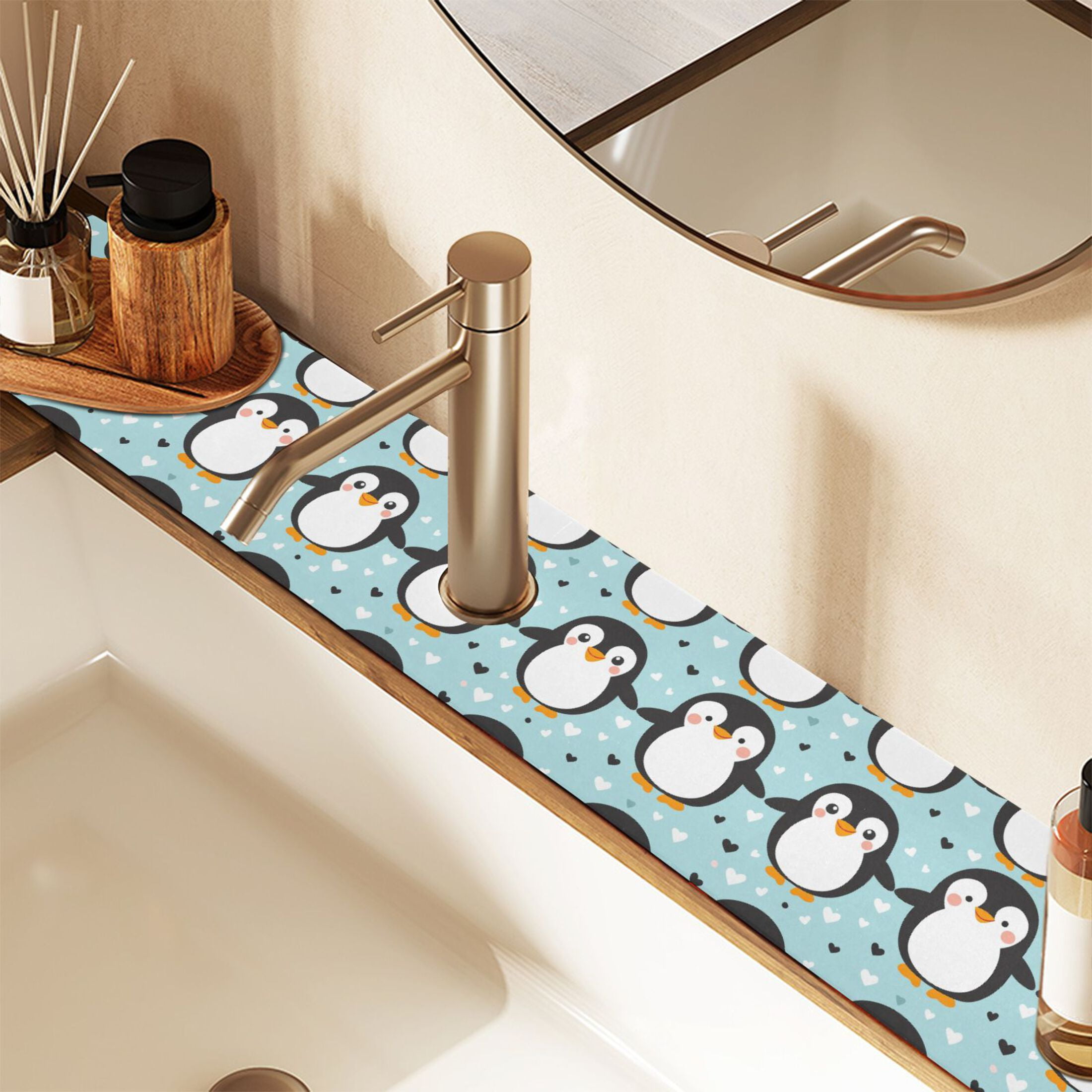 Cartoon Penguin with Hearts Faucet Mat for Kitchen Sink 30'' Sink ...