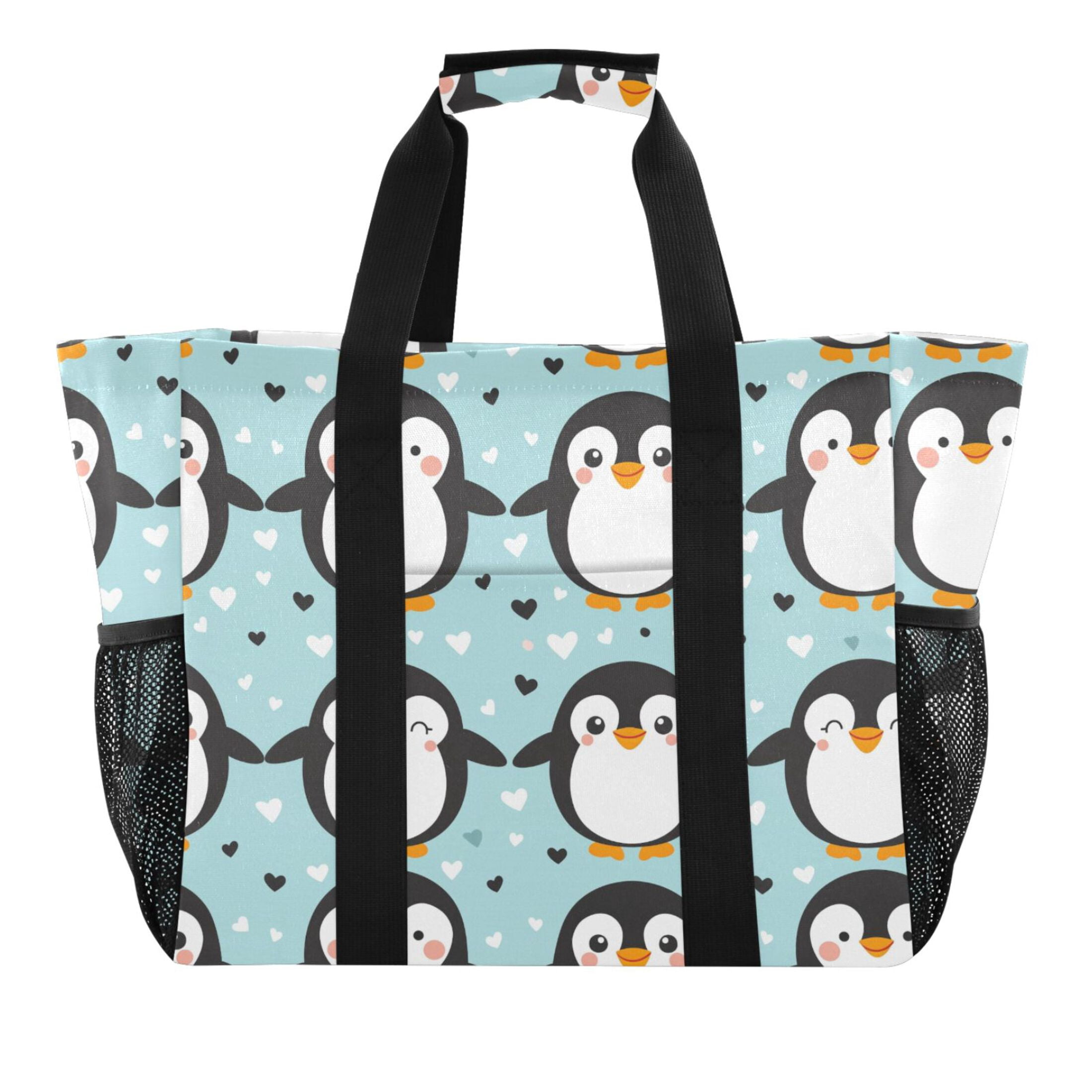 Cartoon Penguin with Hearts Reusable Grocery Bags with Handle Side ...